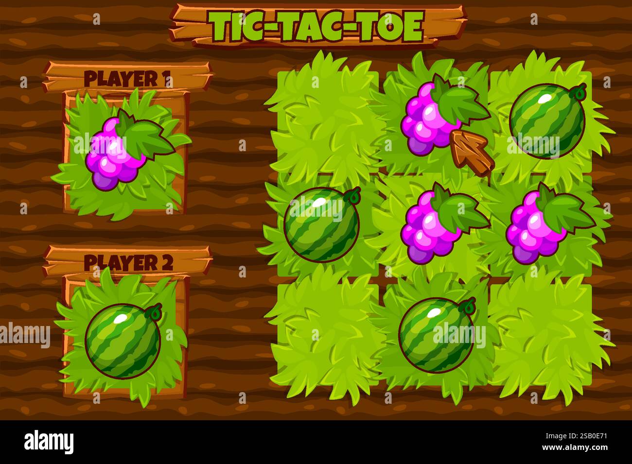 Board game TIC-TAC-TOE. Farm themed wit watermelon and grape players ...