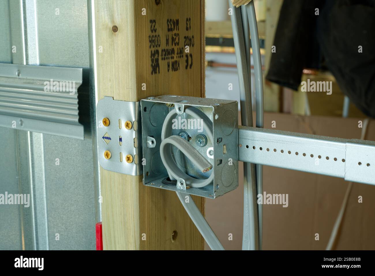 The first fix by electricians in wiring a property. New build wire installation to junction ...