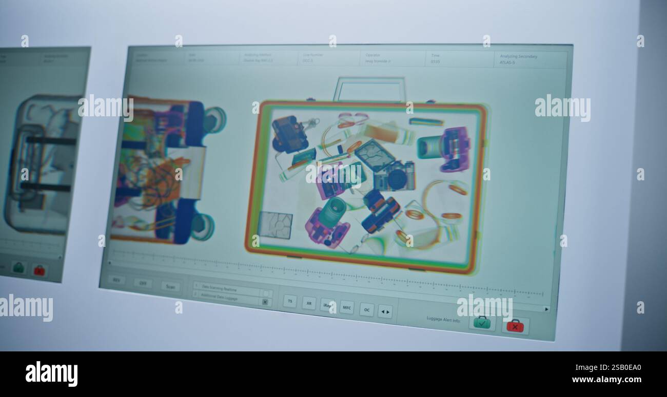 Security Checkpoint in Airport Terminal: PC Screens Showing Modern Computer Software Interface ...