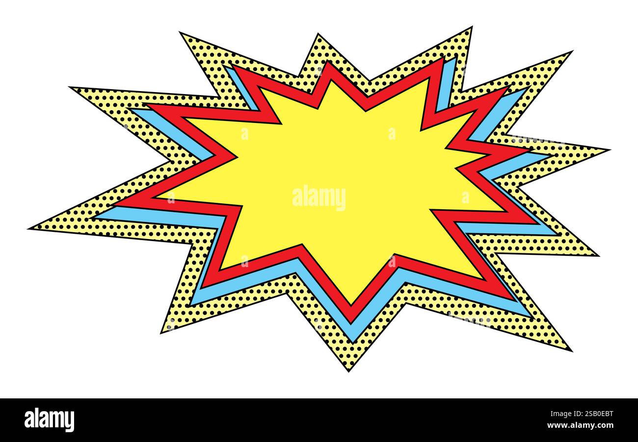 Comic style starburst explosion in yellow, red, blue, and black ...