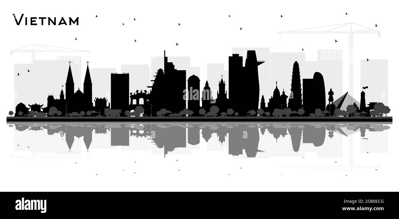Vietnam City Skyline Silhouette with Black Buildings and reflections ...