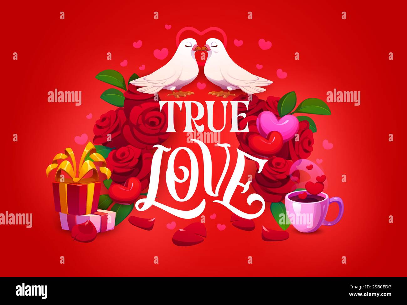 True love valentines day quote phrase. Vector romantic message featuring two cartoon doves ...