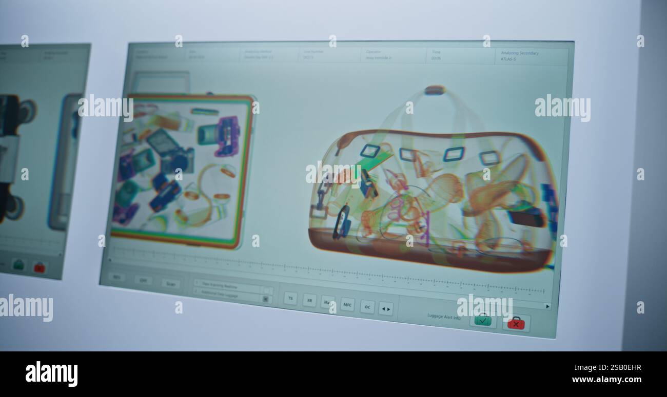 Security Checkpoint in Airport Terminal: PC Screens Showing Modern Computer Software Interface ...