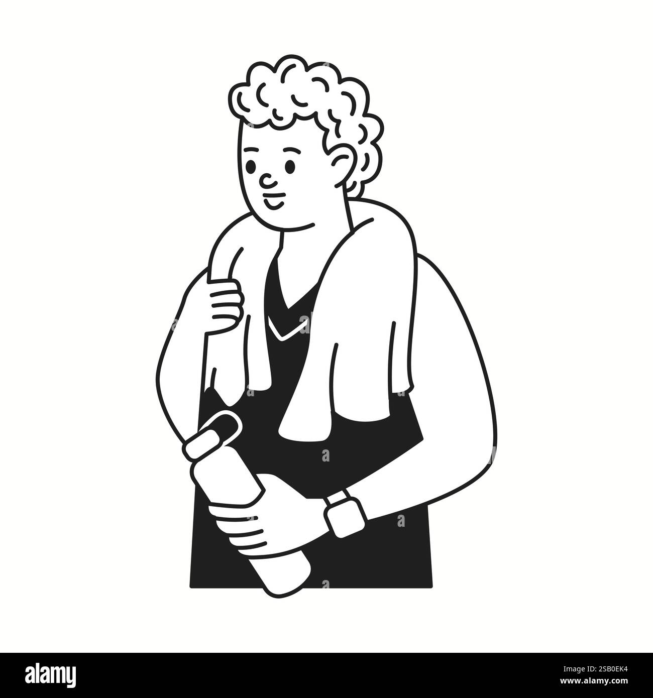 Sportsman holds water bottle and towel on neck linear icon. Sweaty guy ...