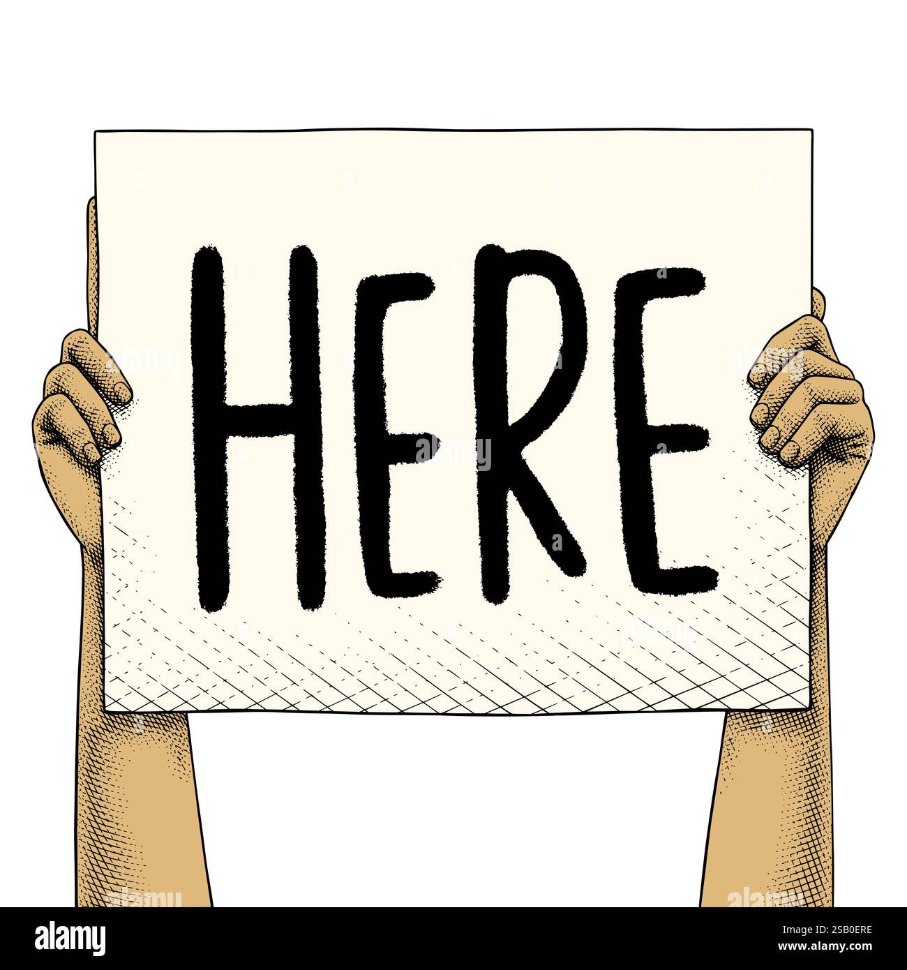 Hand raising a sign that says Here COLORED Stock Vector Image & Art - Alamy
