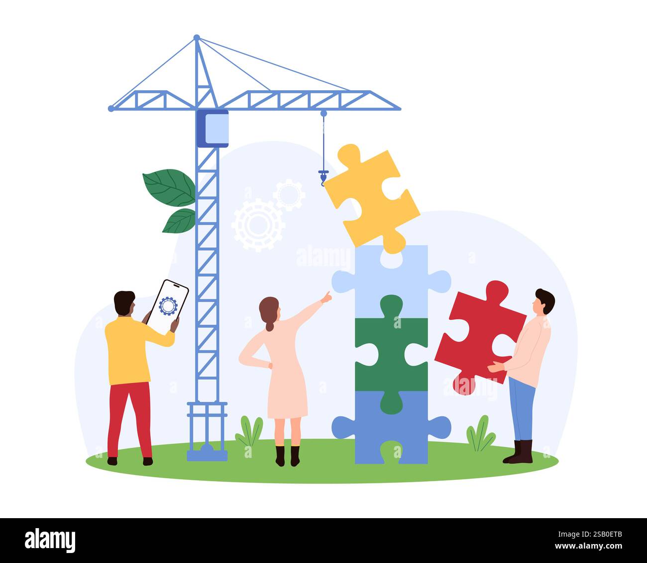 Tiny people assembling a puzzle to represent collaboration, strategic ...