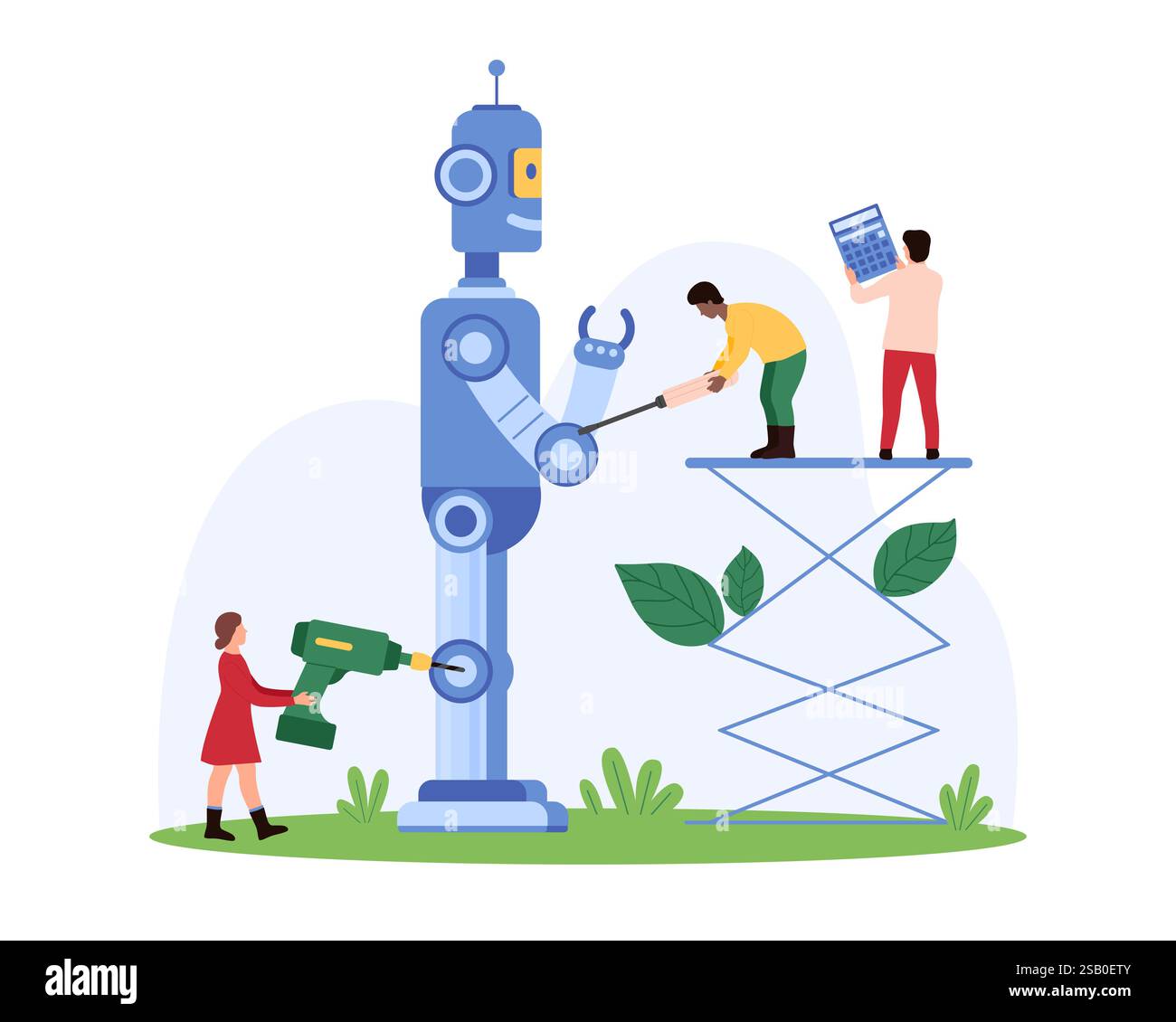 Tiny people building a robot with tools and gears, illustrating ...