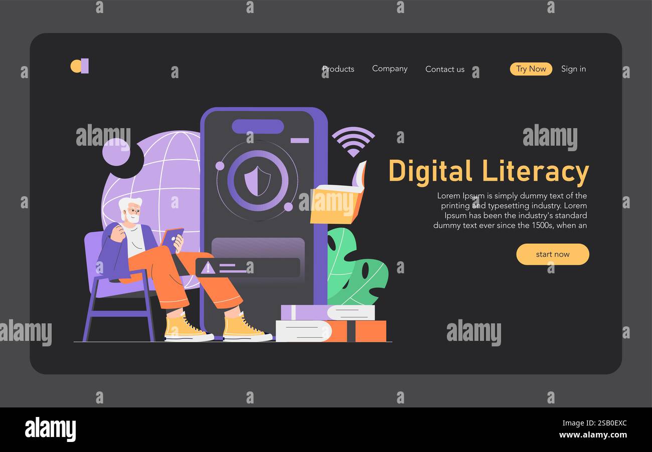 Safety Internet Day concept. Elderly man learning digital literacy on ...