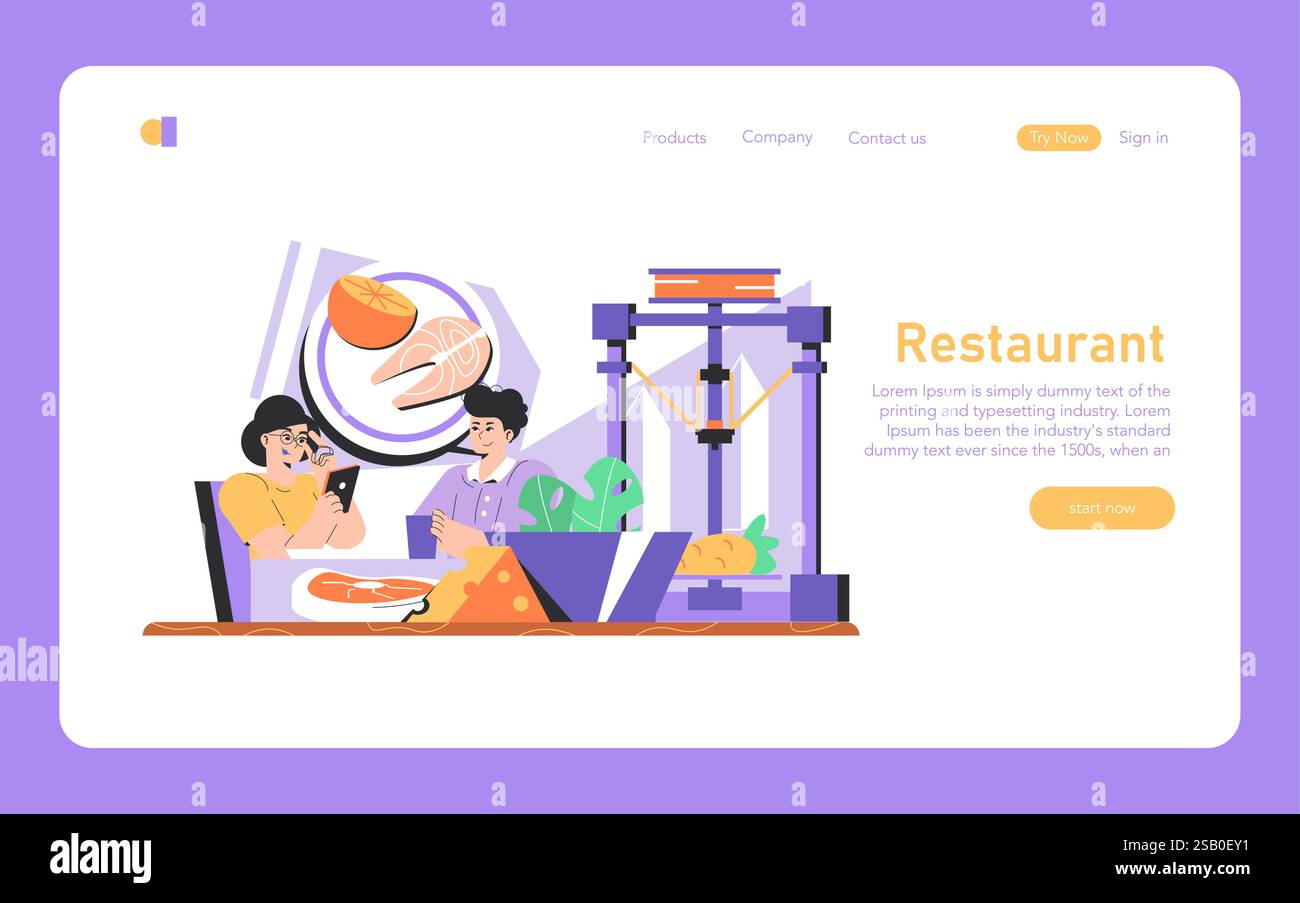 3D Food Printing concept. Two individuals engage with a futuristic ...