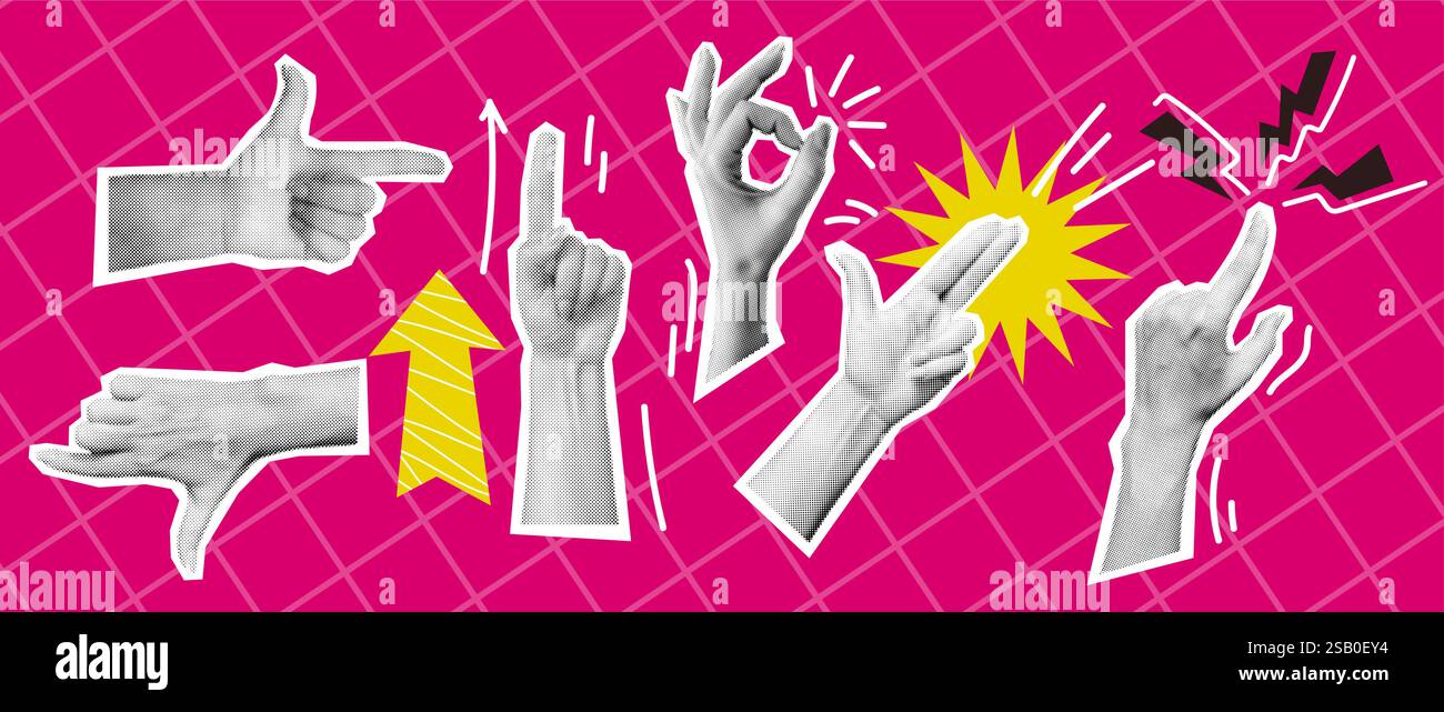 Various hand gestures art collage halftone vector illustration set ...