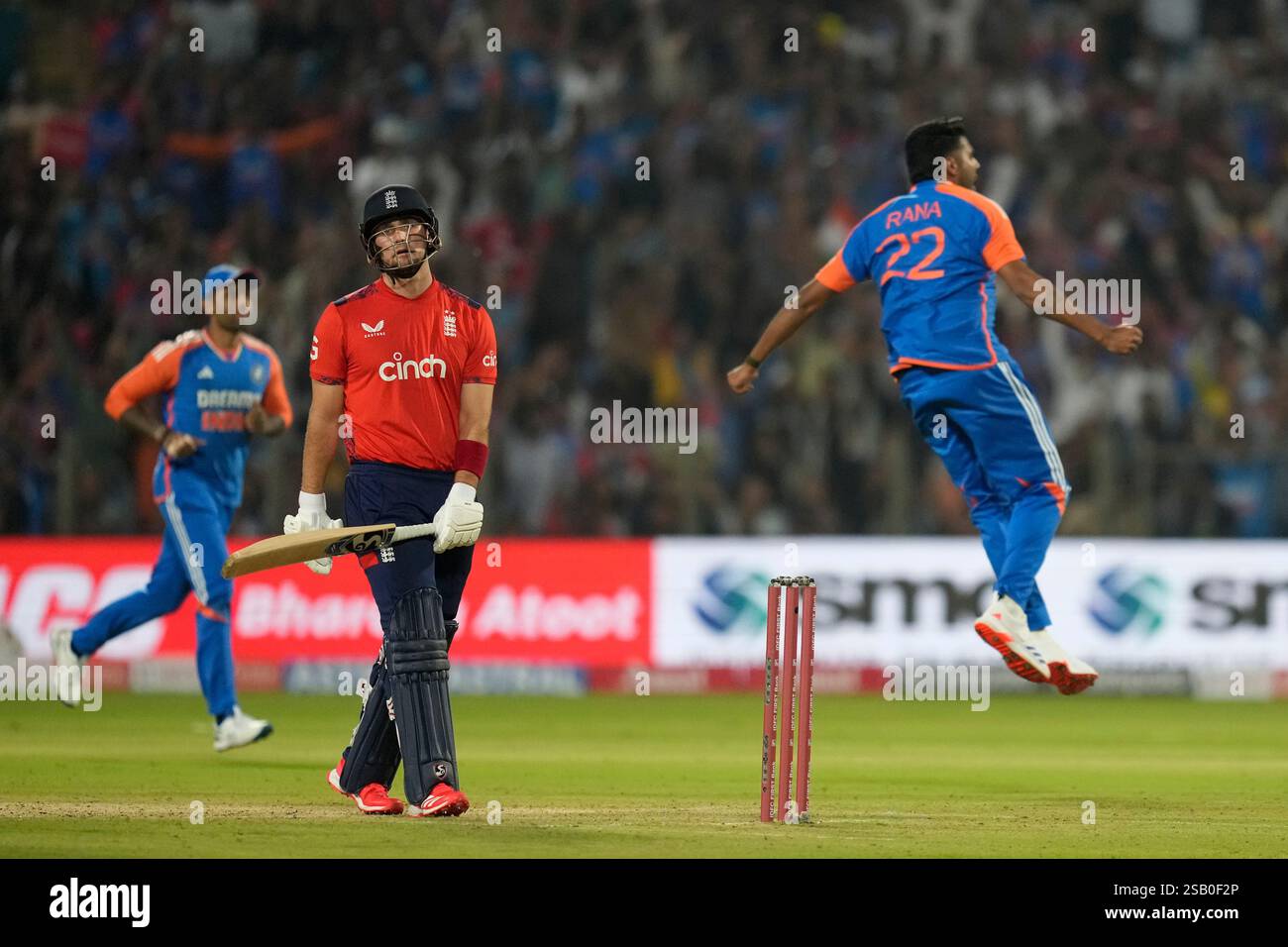 England's Liam Livingstone, center, reacts after losing his wicket to ...