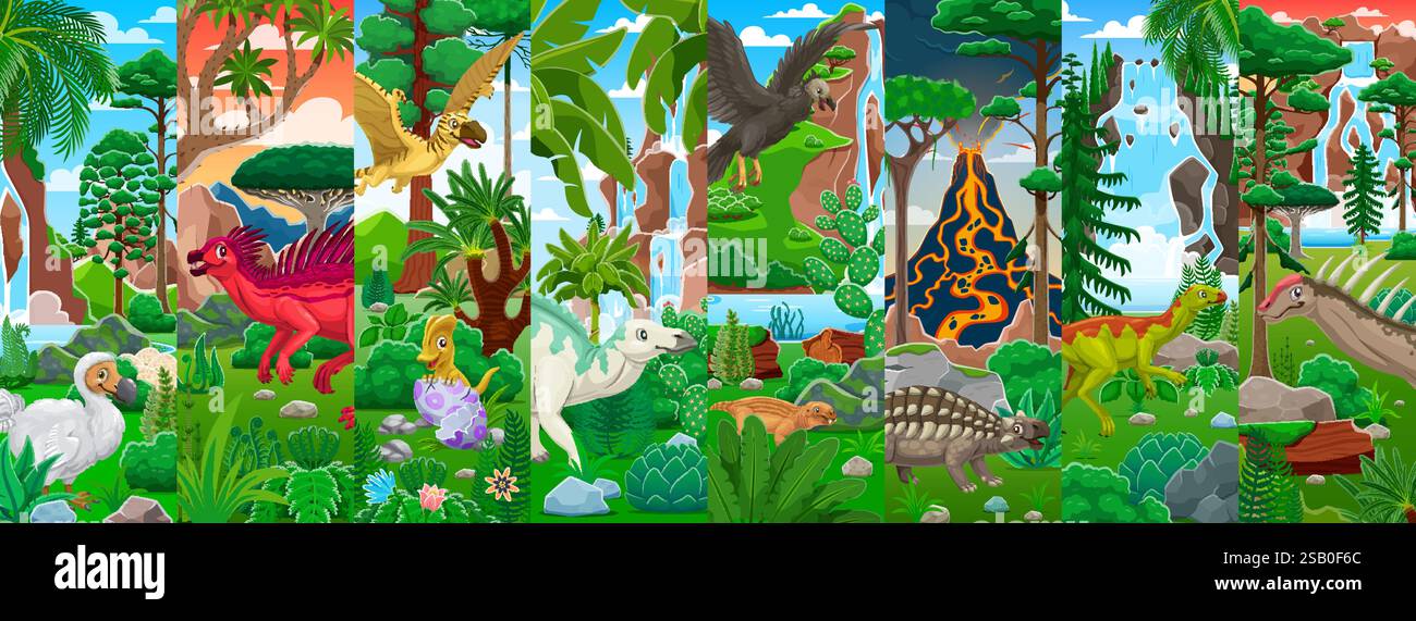 Prehistoric dinosaur and reptile characters collage. Cartoon vector ...