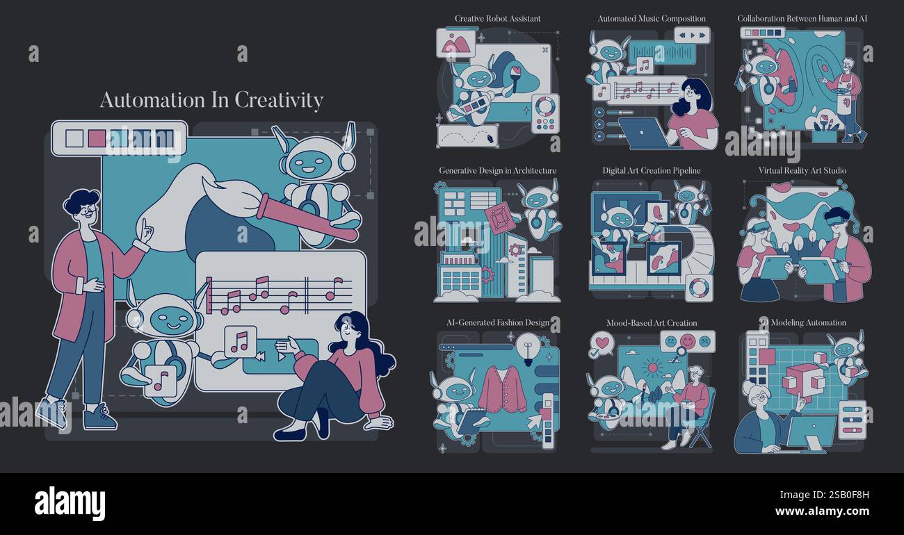 Automation In Creativity set. Technology merging with art forms ...