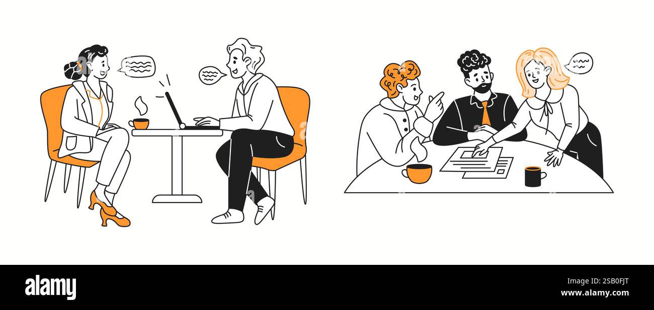 Coworkers discuss business project color linear icons collection. Women ...