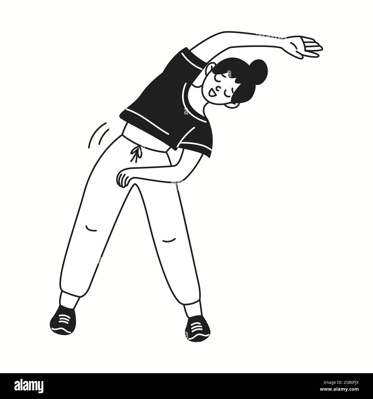 Woman in sportswear performs bending sideways linear icon. Lady ...