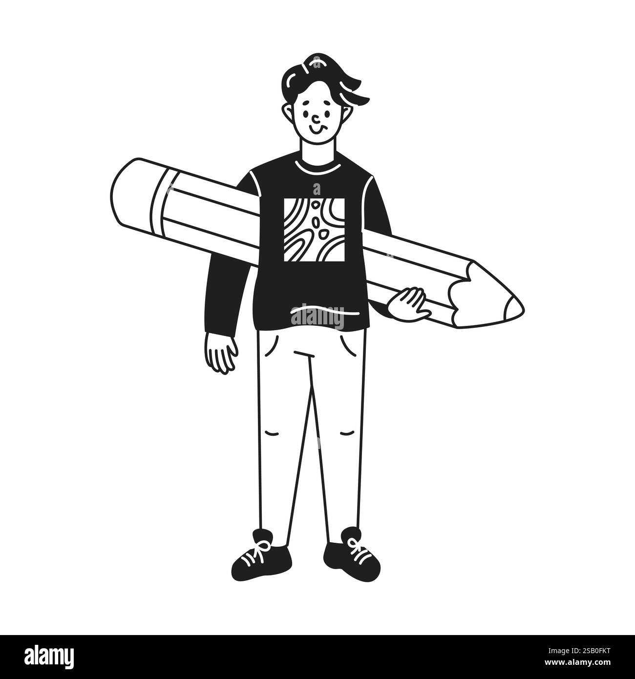 Man stands proudly with oversized pencil linear icon. Male designer ...