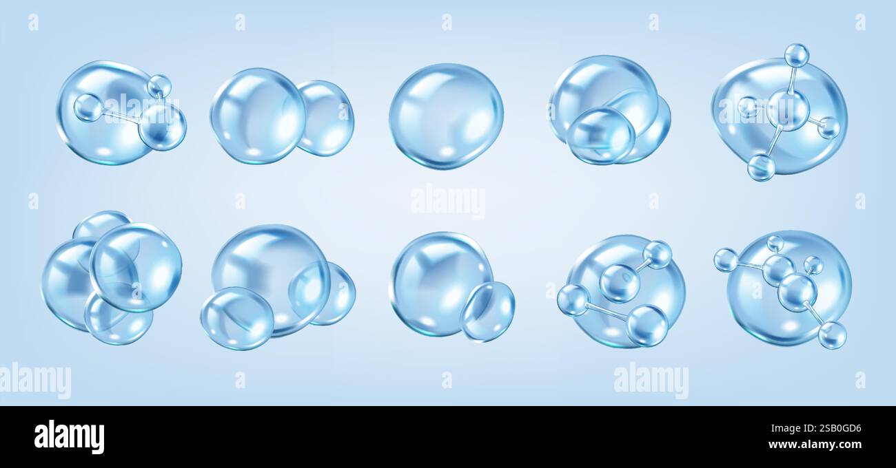 Bubbles with collagen molecules realistic color icons set. Cosmetic ...