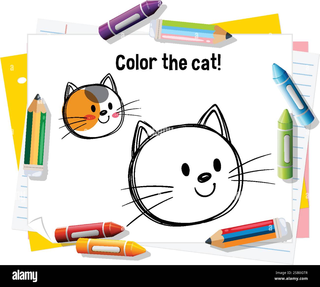 Fun cat coloring page with vibrant crayons Stock Vector Image & Art - Alamy