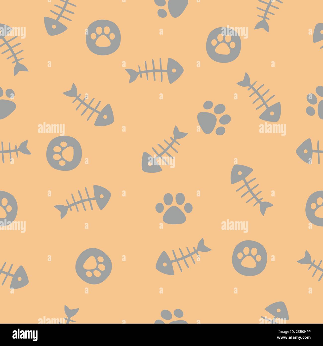 Vector hand drawn seamless pattern. Grey fish skeleton and paw prints ...