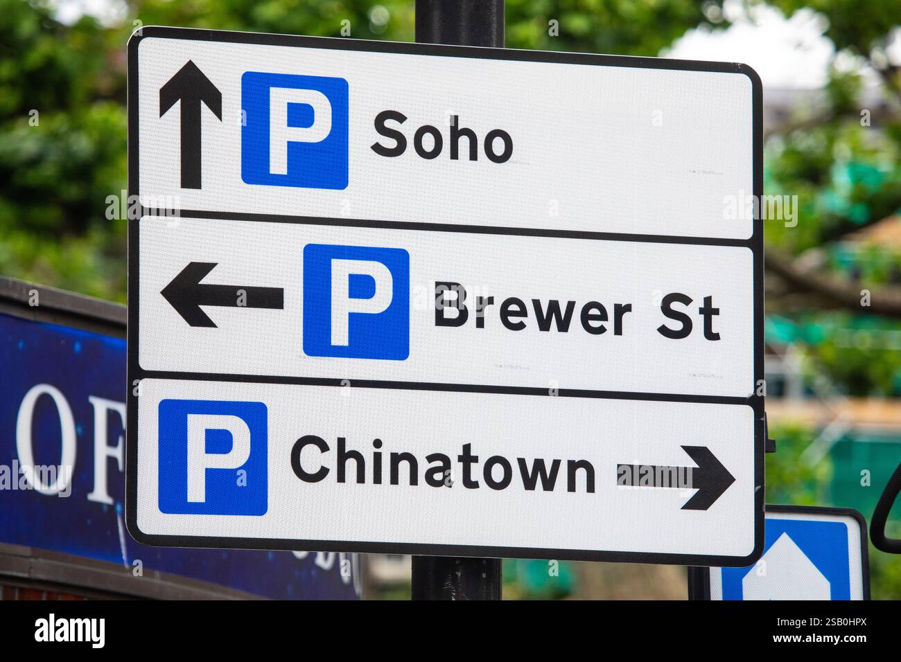 Signs showing drivers to the nearest parking in the West End of London ...