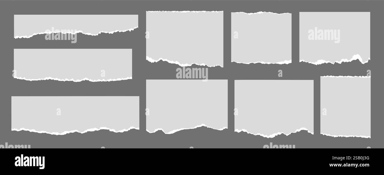 Set of paper note ripped strips on dark background. Paper page scraps ...