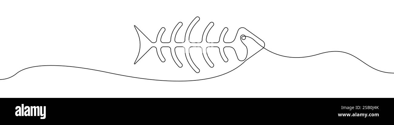 One line Fish skeleton icon vector background. Fish icon. Continuous ...