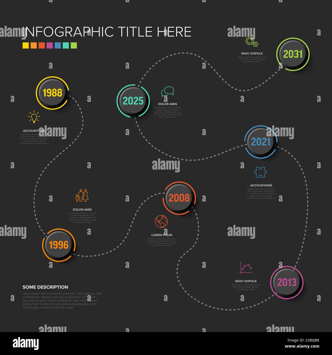 A vibrant dark timeline infographic with circular milestones on a ...