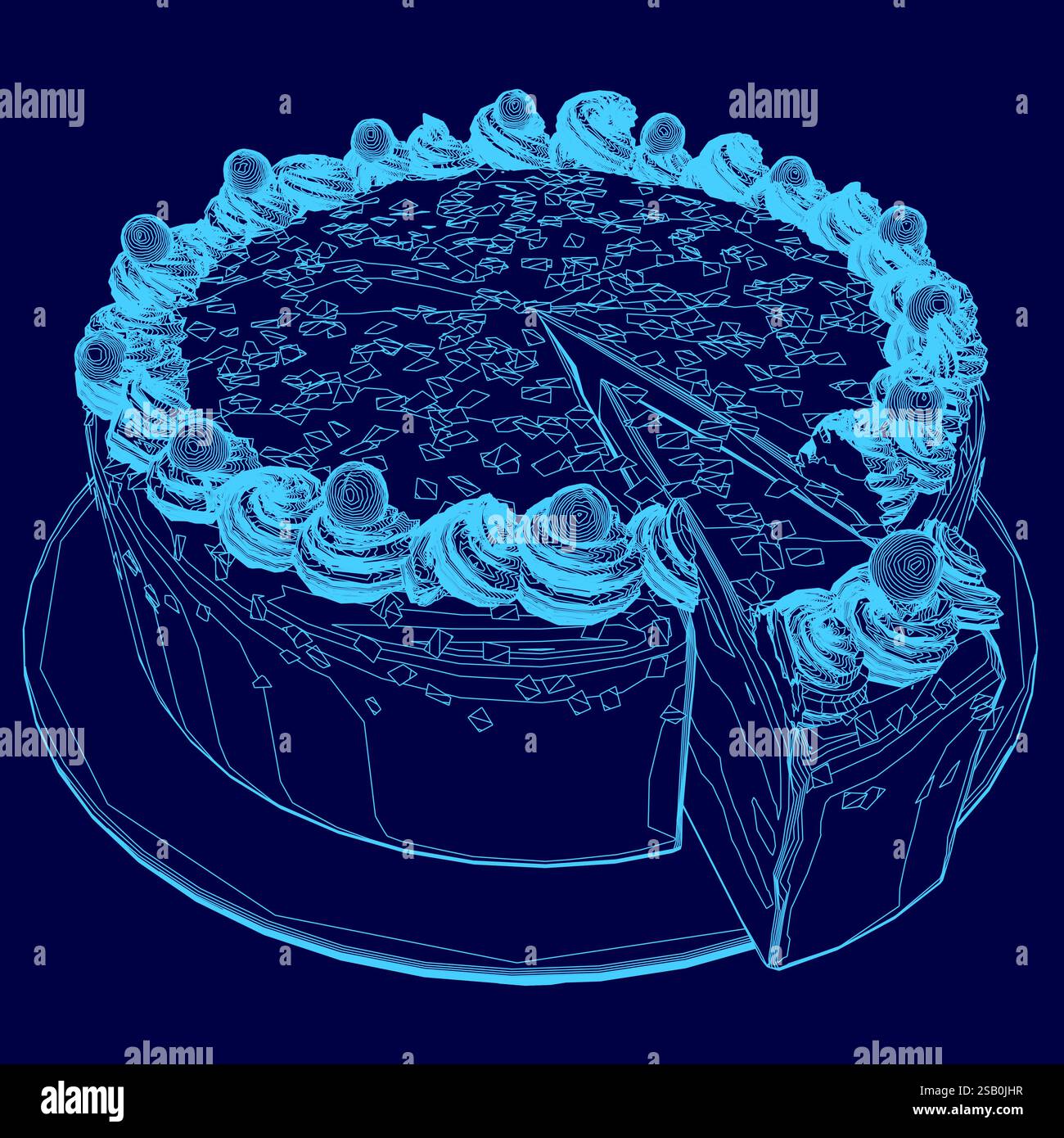 Blue drawing of a cake with a slice missing. The cake is decorated with ...