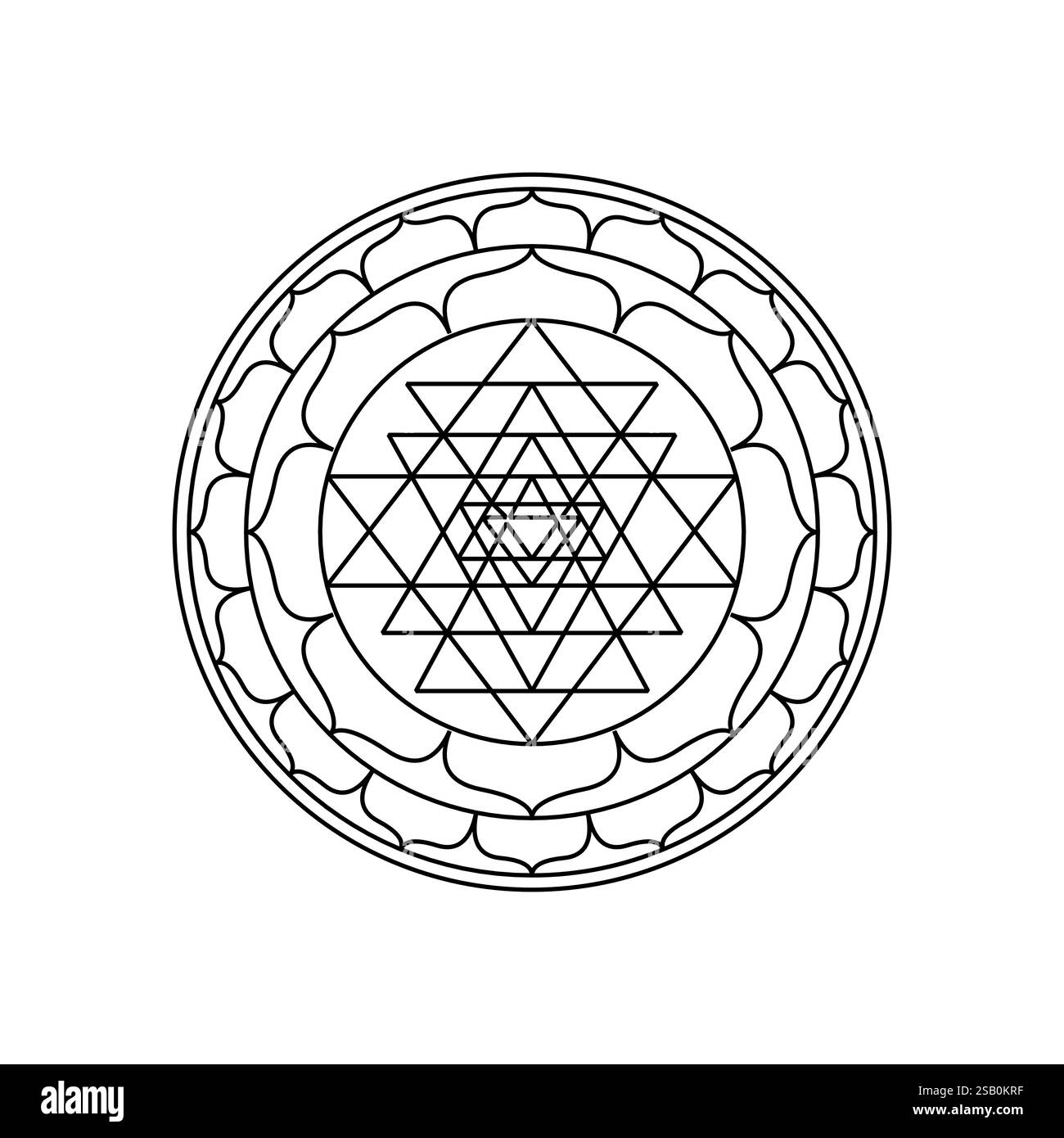 Intricate Sri Yantra symbol with layered triangles, lotus petals, and square border on white ...