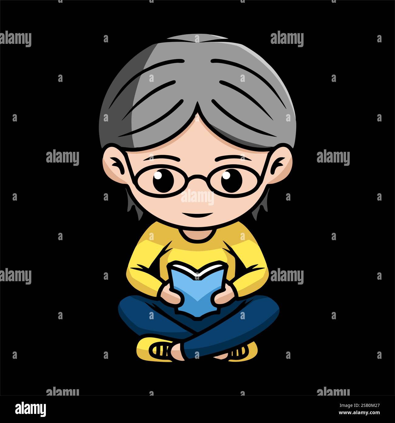Bookworm chibi mascot character reading a book, sitting cross legged in ...
