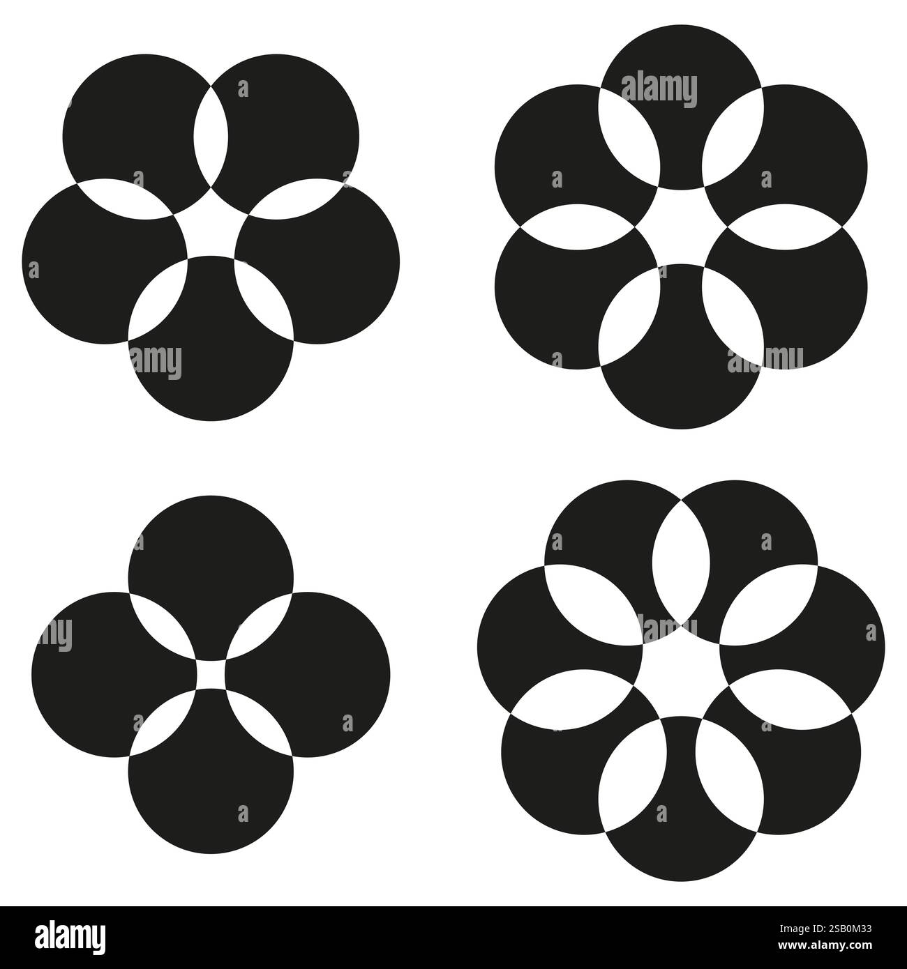 Abstract flower icon. Overlapping circular shapes. Geometric petal pattern. Black vector art ...