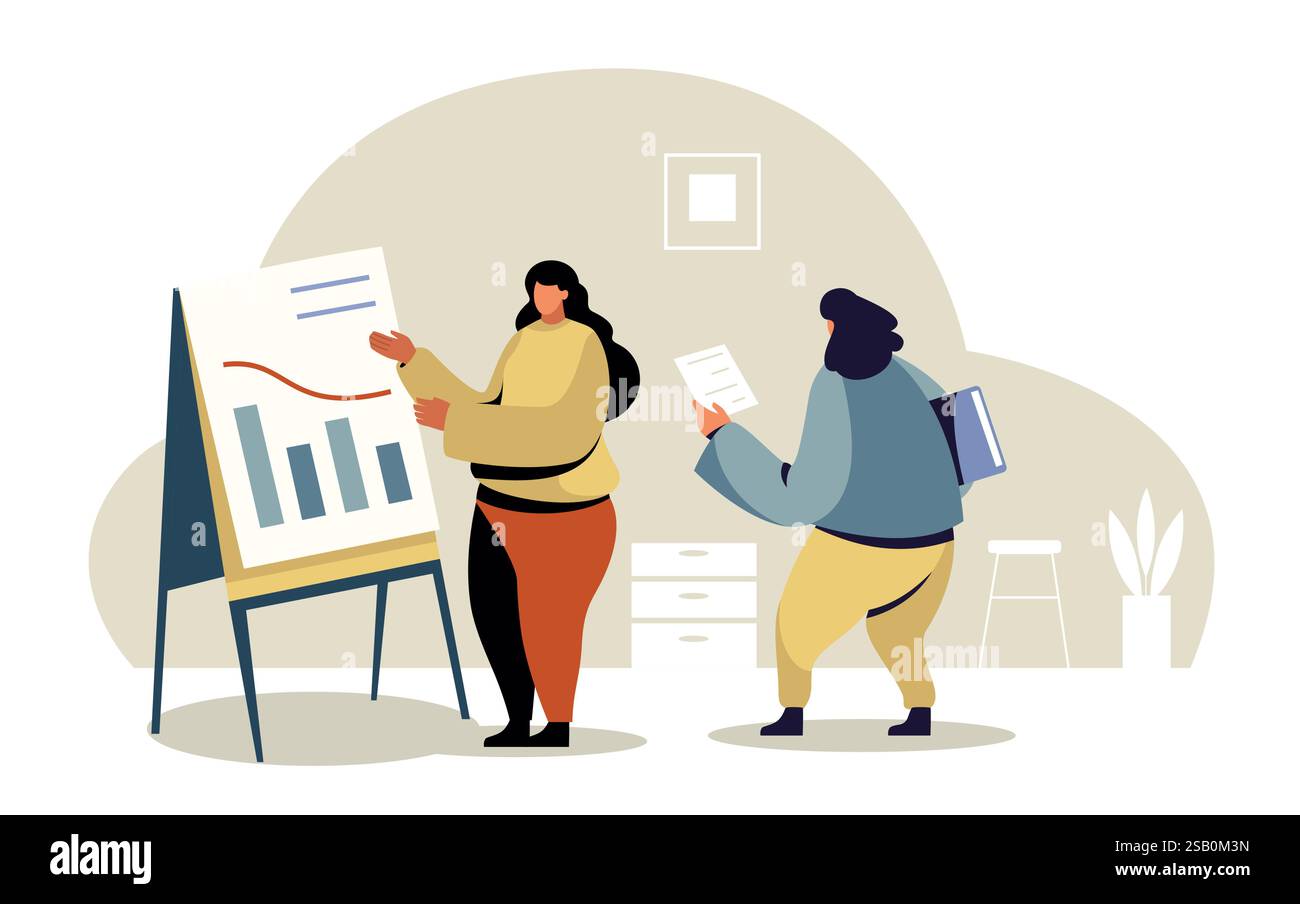 Two businesswomen are collaborating on a project, analyzing a financial ...