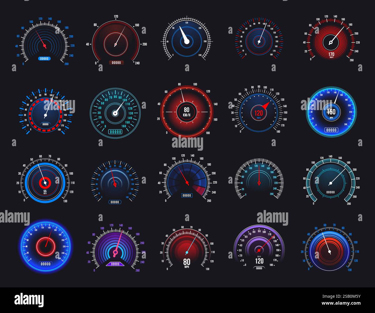 Set of speedometers and tachometers with different colors and values ...