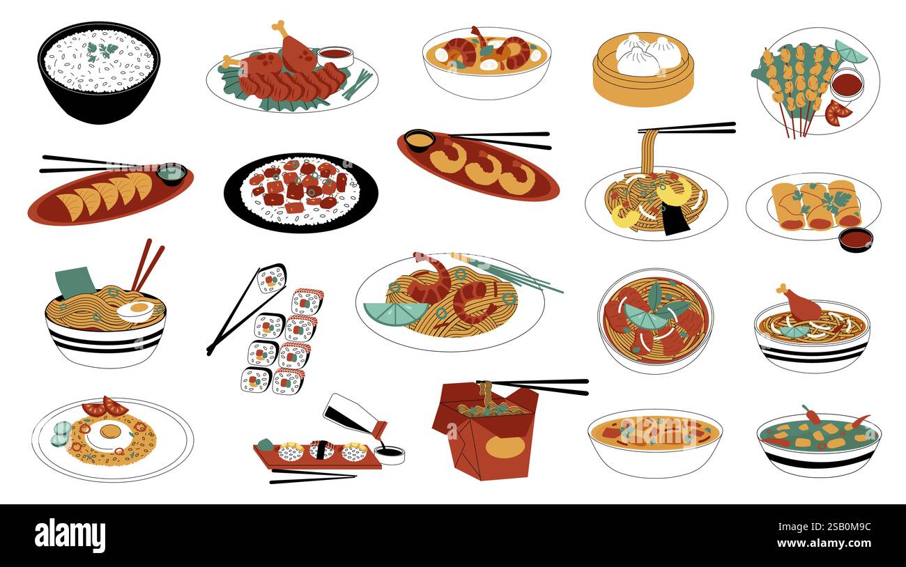 Asian cuisine dishes including ramen, sushi, rolls, rice, chicken and ...