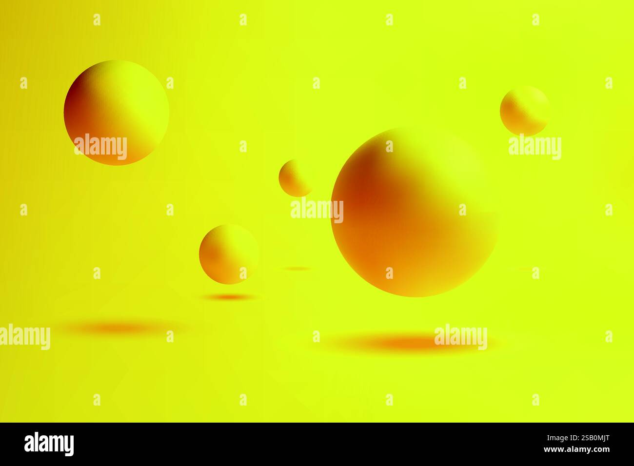 Glossy yellow spheres resting and floating on a vibrant yellow surface ...