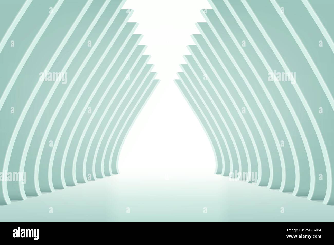 Futuristic white tunnel with curved arches, creating a clean, symmetrical abstract structure ...