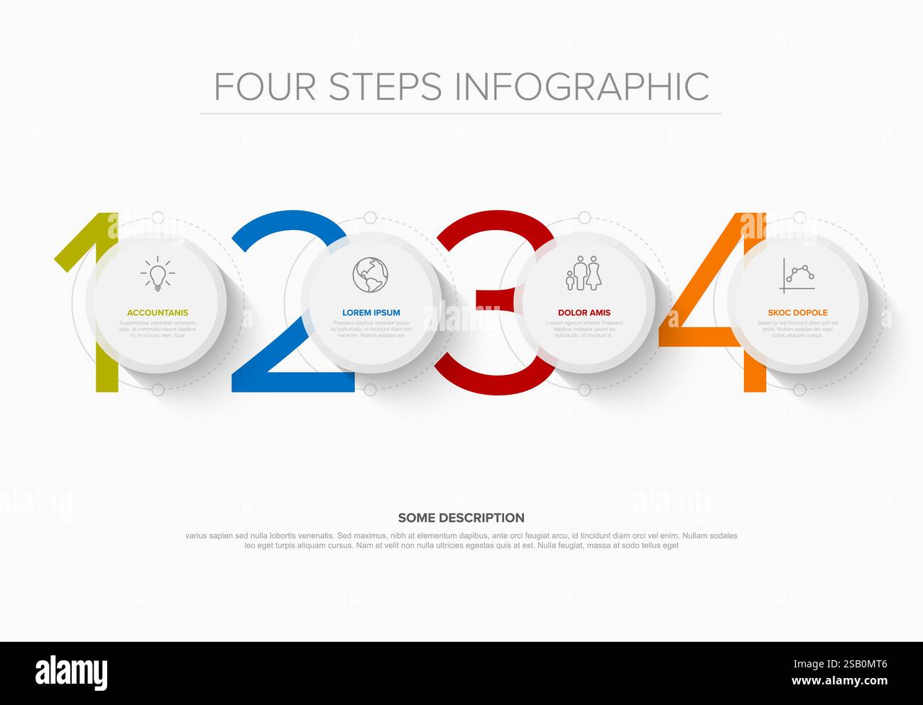 A four-step circular infographic displays numbers and icons ...