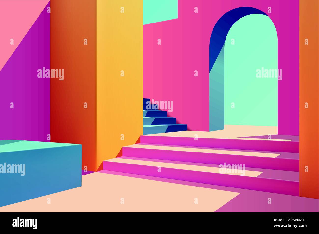 Vibrant abstract design featuring stairs, arches, and bold geometric ...