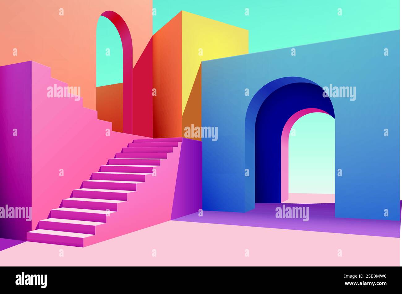 Vibrant abstract design featuring stairs, arches, and bold geometric ...