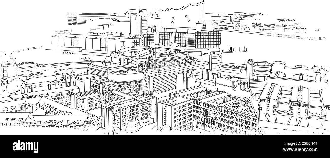 Detailed line art of Hamburgs port with the Elbphilharmonie. The ...