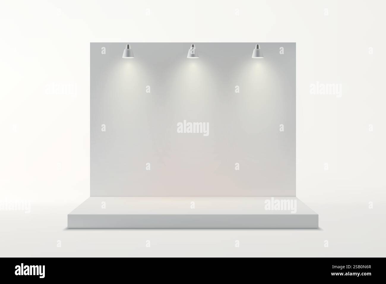A clean white exhibition backdrop illuminated by three black spotlights ...