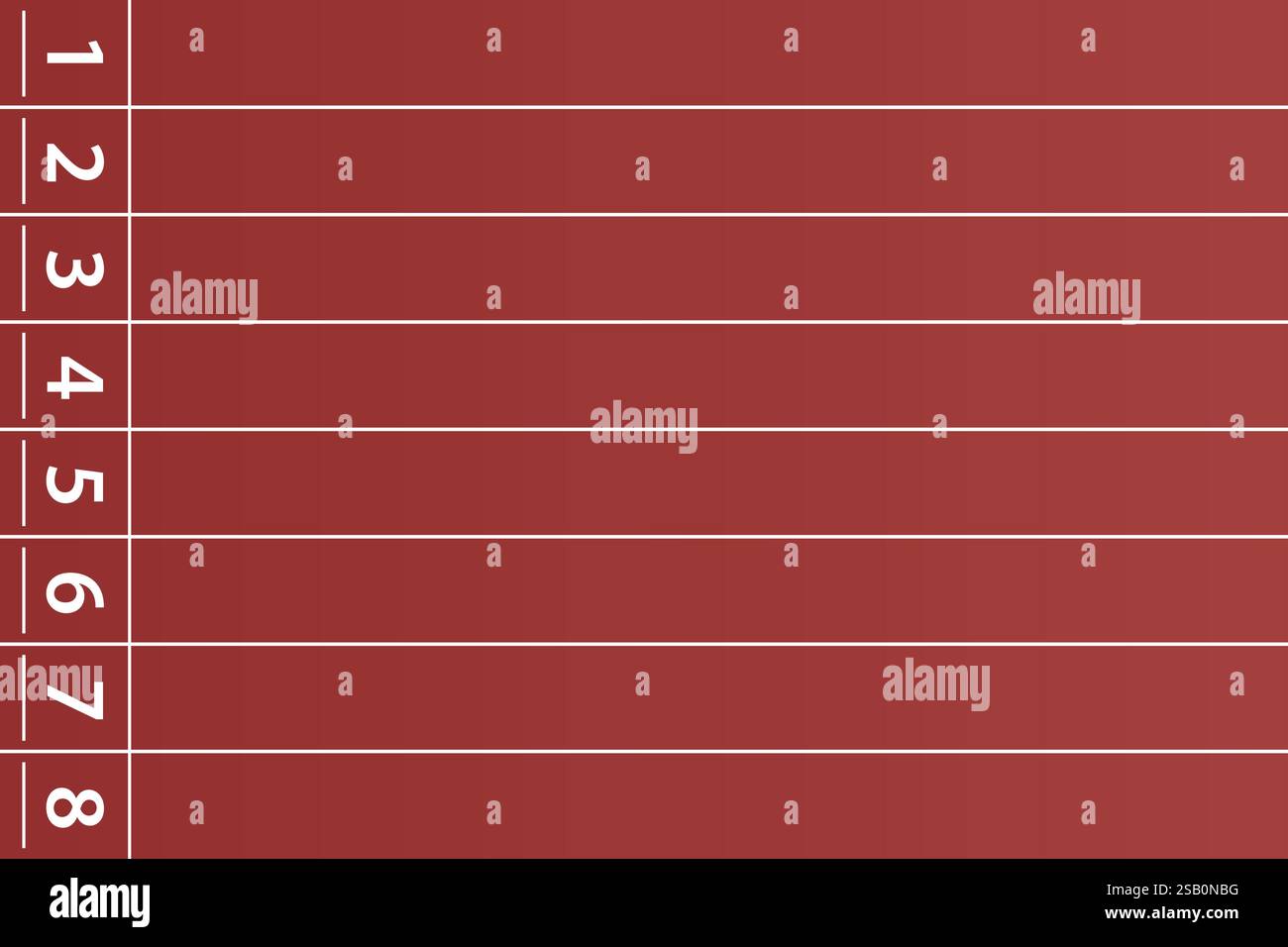 view of a red running track with eight numbered lanes separated by ...