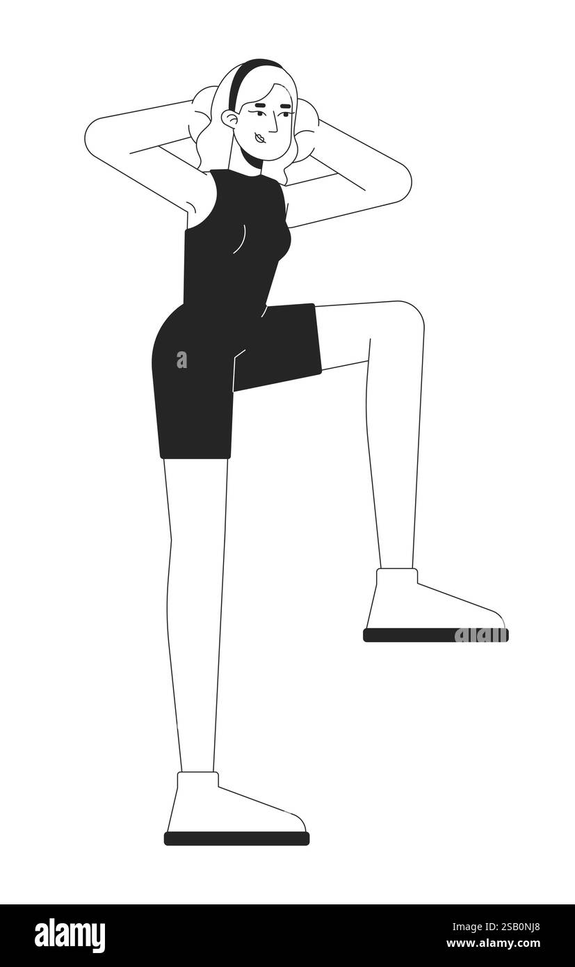 Blonde woman in workout outfit doing knee lift exercise black and white ...