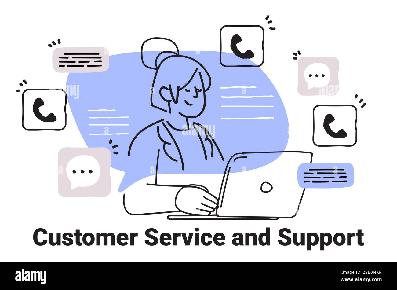Customer service representative using laptop surrounded by ...