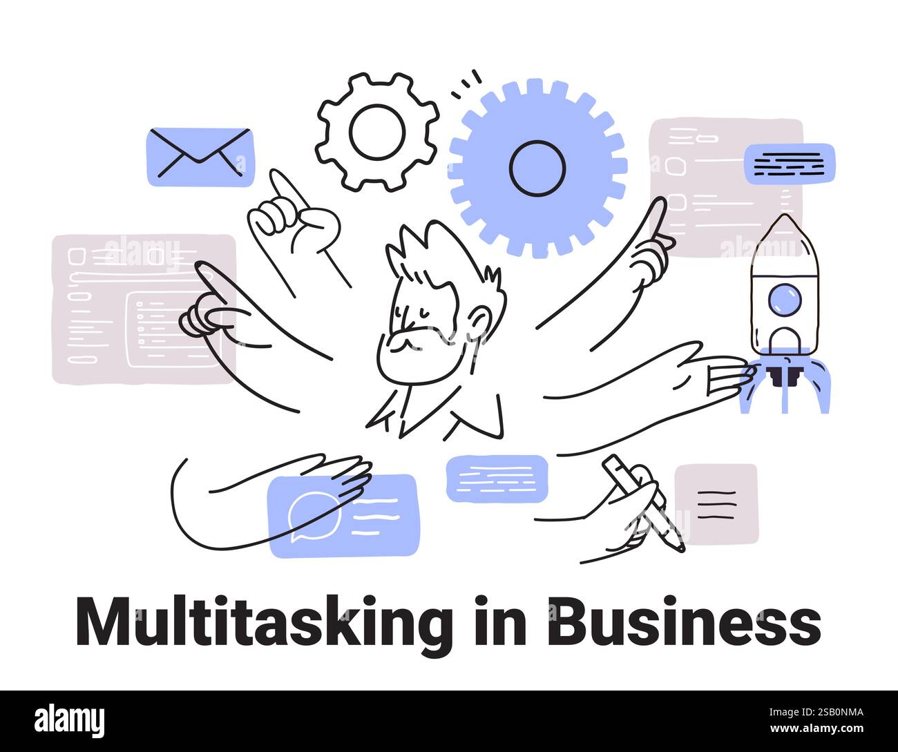 Business multitasking concept multiple arms performing tasks gear rocket email sketch style ...