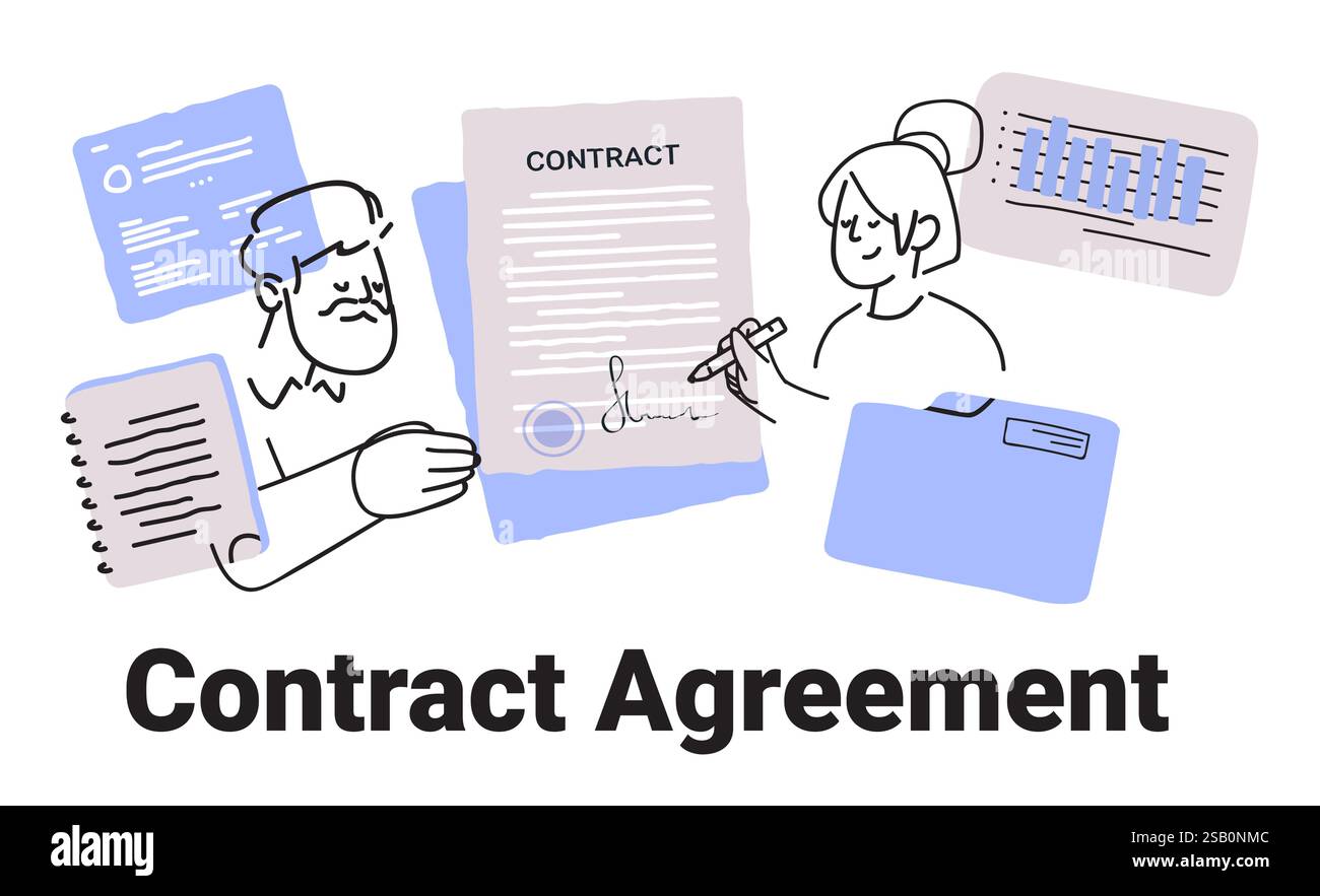Contract agreement concept signing documents people charts files ...