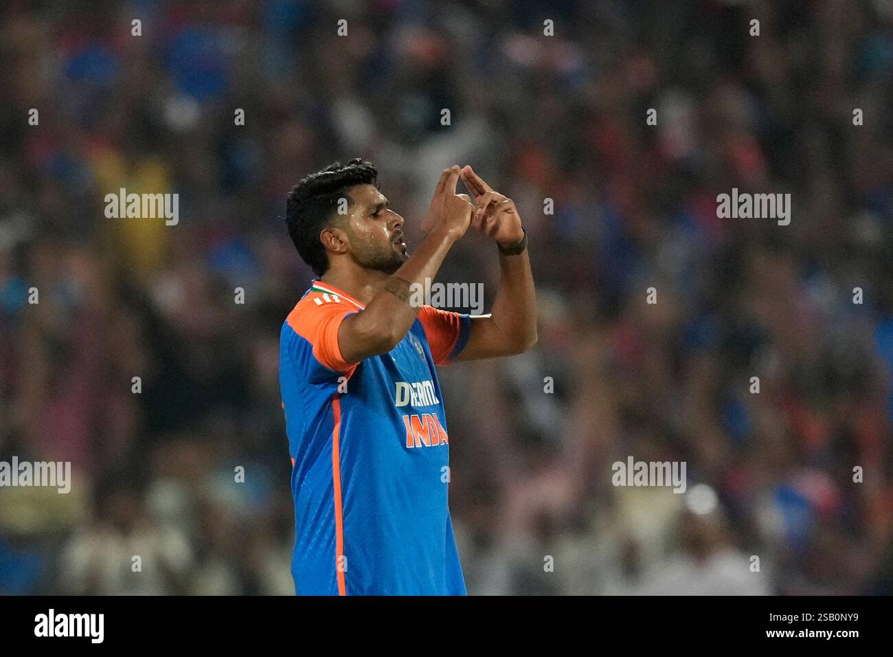 India's Harshit Rana celebrates the wicket of England's Jacob Bethell ...