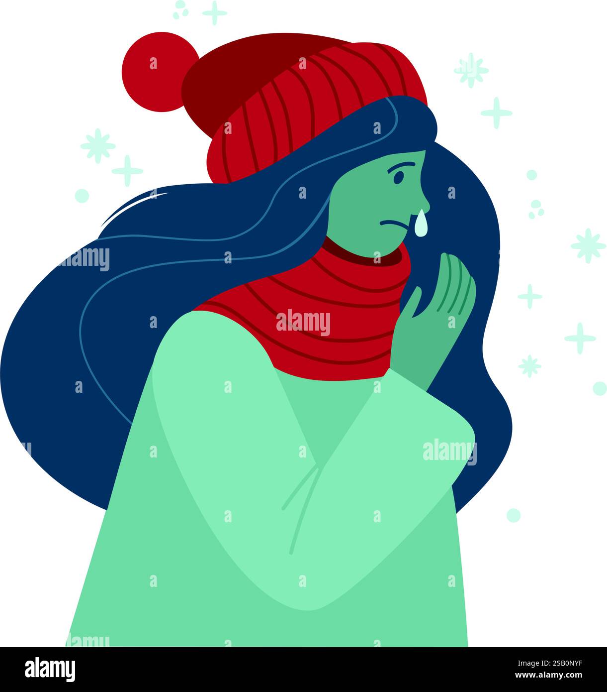 Woman with runny nose. Unhealthy girl feel sick virus, fever, flu or ...