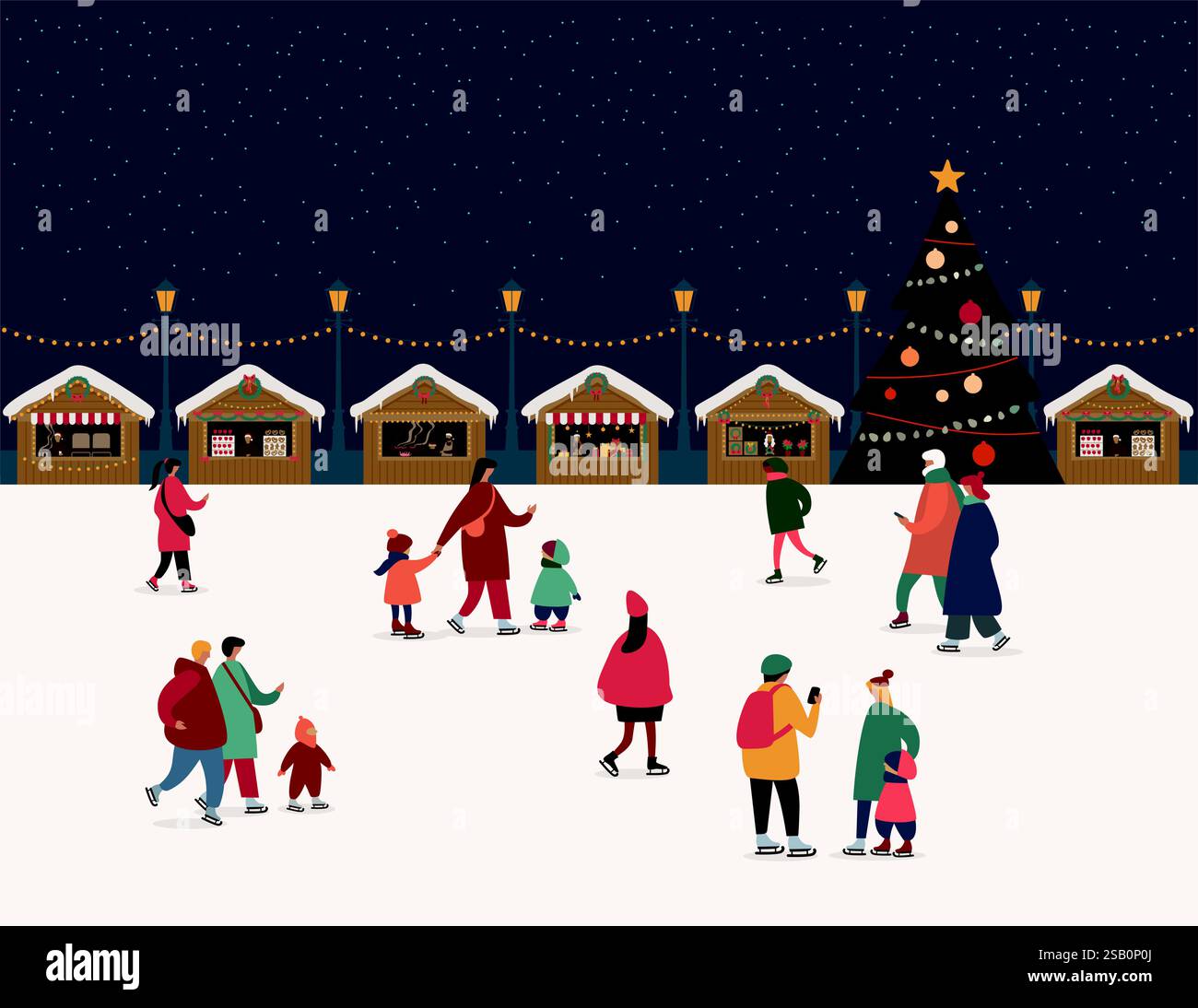 Christmas market at snowy night. Kiosks of gifts, food and hot drinks ...