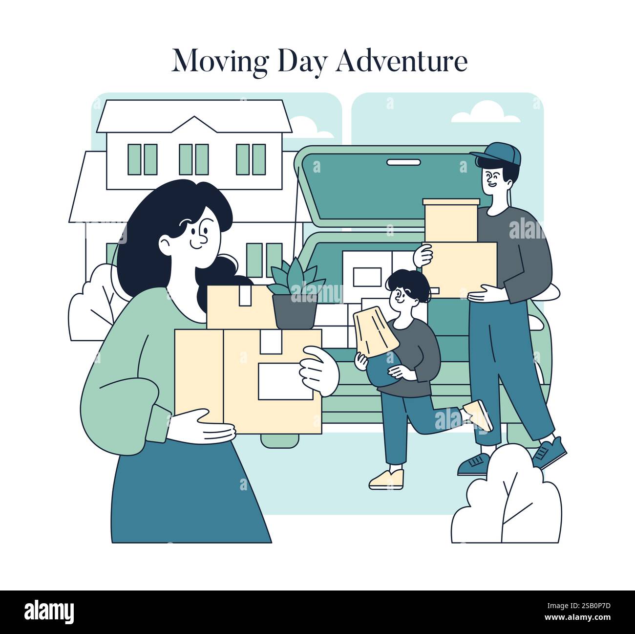 Moving Day Adventure concept. Family loads their belongings into a car ...